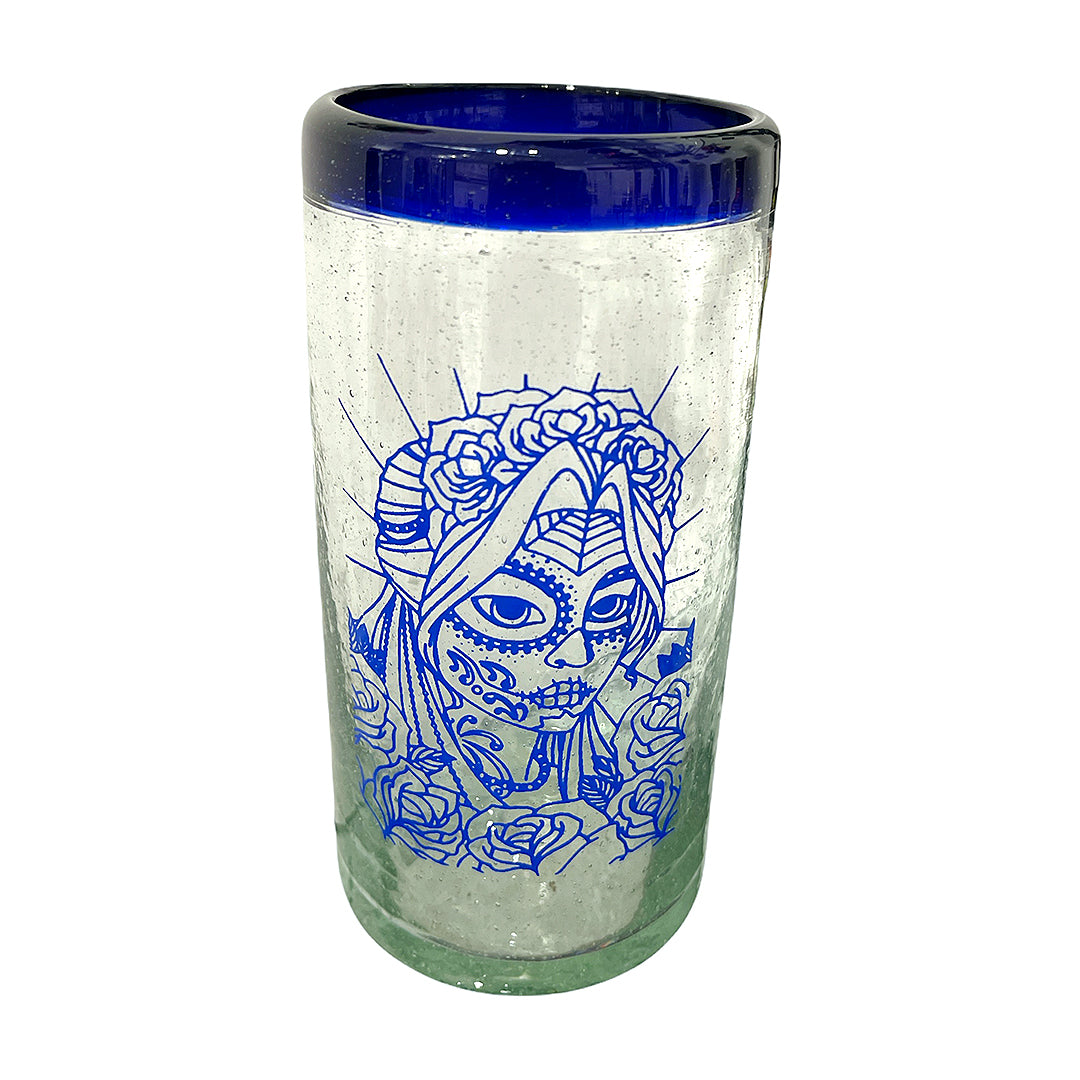 Mexican glass blown glass with blue stripe and drawing of Catrina – Micuari